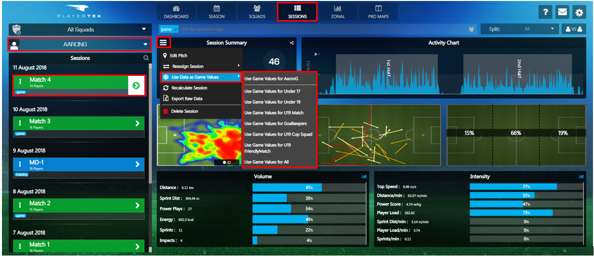 Setting Game Values – Catapult PlayerTek Plus