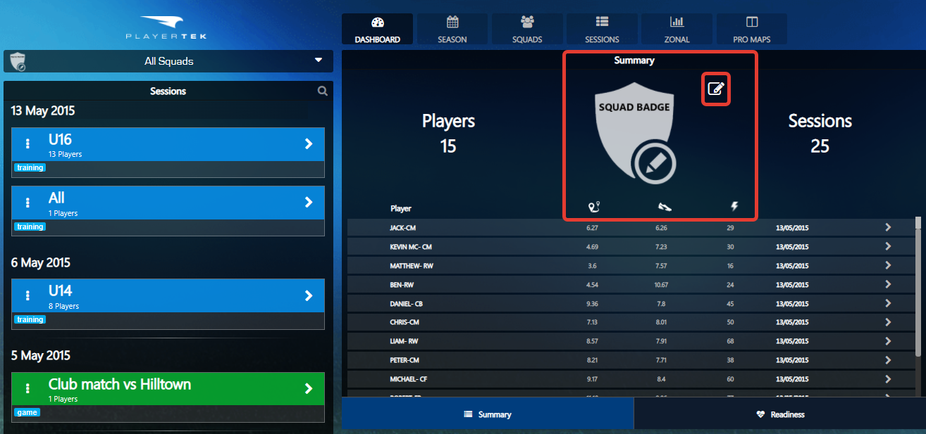 Dashboard Tab – Catapult PlayerTek Plus