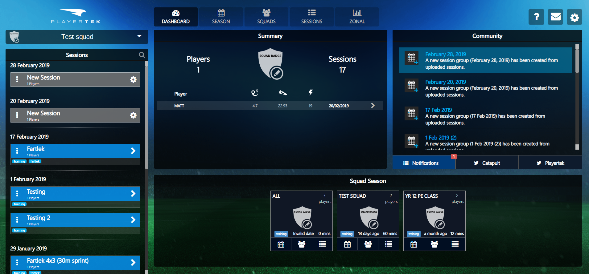 Dashboard Tab – Catapult PlayerTek Plus