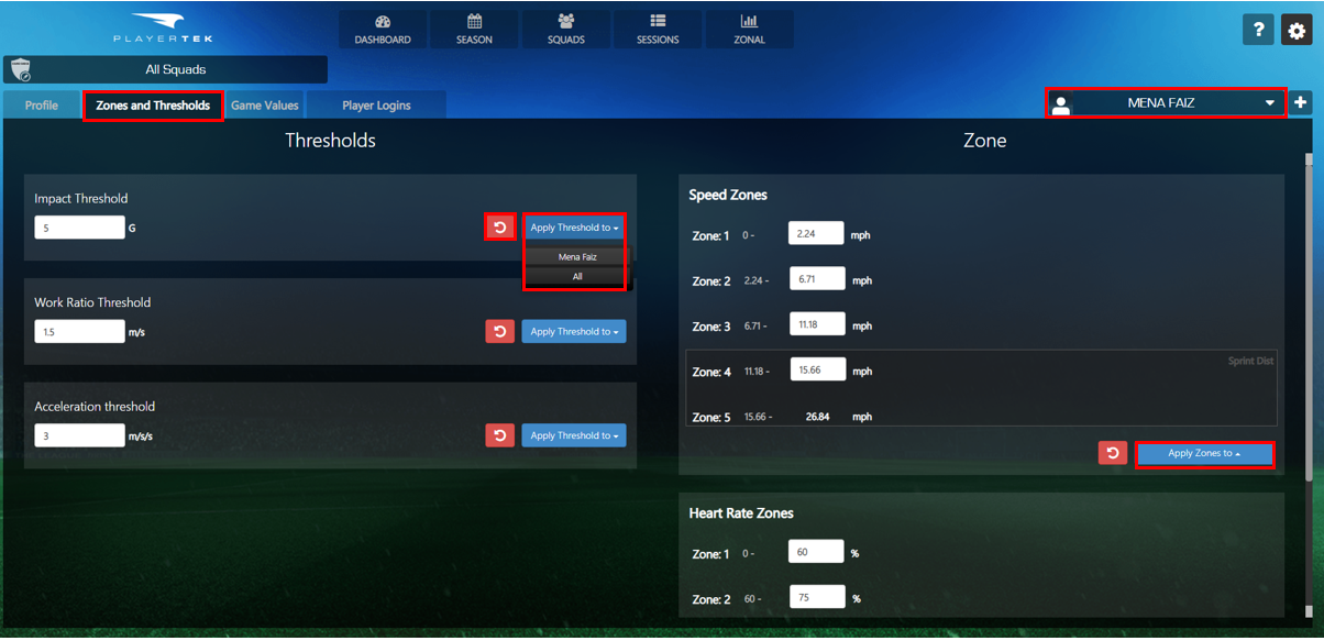 Zones and Thresholds – Catapult PlayerTek Plus